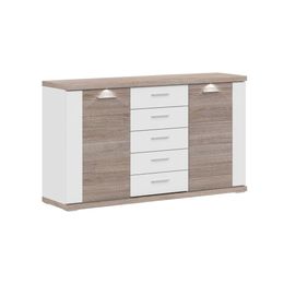 Sideboard Manhattan, weiß Hochglanz, Eiche Sägerau geschroppt Nachbildung, inkl. Korpusfrontbeleuchtung