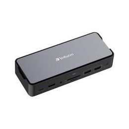 Verbatim USB-C Pro Docking Station mit SSD Steckplatz, Dockingstation aluminium/schwarz, HDMI, DP, RJ-45, USB-A, USB-C, SD, microSD, Audio Geeignet für: MacBook, Notebook, Tablet, Smartphone mit USB-C Anschluss Anschlüsse: 1x RJ-45, 1x DisplayPort-Ausgang, 2x HDMI-Ausgang, 1x USB-A 2.0, 2x USB-A 3.2 (5 Gbit/s), 1x USB-A 3.2 (10 Gbit/s), 2x USB-C 3.2 (10 Gbit/s) Stromversorgung: USB-Betrieb Typ: Dockingstat