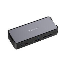 Verbatim USB-C Pro Docking Station CDS-15, 15 Port, Dockingstation aluminium/schwarz, HDMI, DP, RJ-45, USB-A, USB-C, SD, microSD, Audio Geeignet für: MacBook, Notebook, Tablet, Smartphone mit USB-C Anschluss Anschlüsse: 1x RJ-45, 1x DisplayPort-Ausgang, 2x HDMI-Ausgang, 1x USB-A 2.0, 2x USB-A 3.2 (5 Gbit/s), 1x USB-A 3.2 (10 Gbit/s), 2x USB-C 3.2 (10 Gbit/s) Stromversorgung: USB-Betrieb Typ: Dockingstation