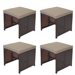 MCW 4er-Set Poly-Rattan Hocker Korfu, Gartenhocker Sitzhocker ~ braun, Kissen beige