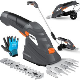 Masko® Grasschere Strauchschere Set mit Akku 7,2V 2000mA/h + Ladegerät + Handschuhe elektrische Garten Heckenschere Rasenschere Inkl. Grasmesser + Strauchmesser + stiel Teleskopstange 90-130 cm Rädern