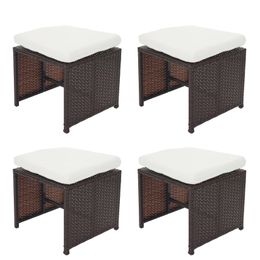 MCW 4er-Set Poly-Rattan Hocker Korfu, Gartenhocker Sitzhocker ~ braun, Kissen creme