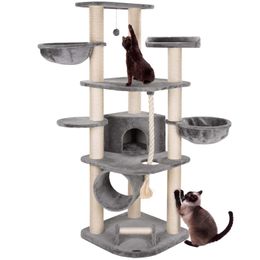 HAPPYPET Kratzbaum für Katzen groß 181 cm hoch - Stabiler Kletterbaum Katzenbaum, dicke Stämme mit 11 cm, Haus & Spieltunnel, große Liegemulden, Spietau mit Kratzrolle Grau