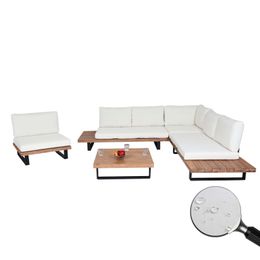 Garten-Garnitur mit Sessel MCW-H54, Lounge-Set Sofa, Spun Poly Akazie Holz MVG Aluminium ~ hellbraun, Polster cremeweiß
