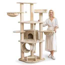 HAPPYPET Kratzbaum für Katzen groß 181 cm hoch - Stabiler Kletterbaum Katzenbaum, dicke Stämme mit 11 cm, Haus & Spieltunnel, große Liegemulden, Spietau mit Kratzrolle Beige