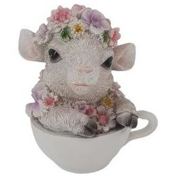 Dekofigur Schaf mit Blumen in Tasse 15 x 12,5 x 10,5 cm weiß rosa