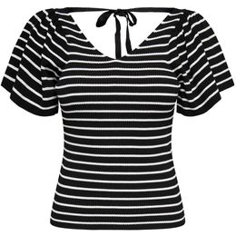 Only Onlleelo Stripe SS Back V-Neck Knt T-Shirt schwarz weiß in L