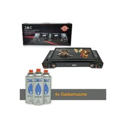 ZMC Gaskocher 2in1 Campingkocher mit Grillplatte 2 Flammig + 4x Gaskartuschen 227g