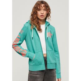 Kapuzensweatjacke Superdry "SUPER ATHLETIC GRAPHIC ZIPHOOD" Gr. L, blau (aqua shore turqoise marl) Damen Sweatjacken