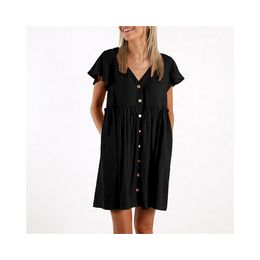 AFAZ New Trading UG Sommerkleid Damen Sommerkleider Rüschen Ärmel V-Ausschnitt Casual Swing Elastische Taille Midi Kleid mit Taschen