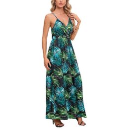 B.X Strandkleid Damen Sommer-Lässiges für tropisches Blumenmuster lange Kleider Spaghettiträger Boho-V-Ausschnitt fließende Strandkleider