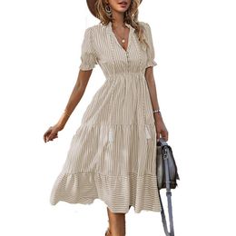 B.X A-Linien-Kleid Damen Midi-Kleider Sommer mit Rüschen und Puffärmeln V-Ausschnitt Lässig locker kurzärmelig Rüschen hohe Taille Striped Beach Dress