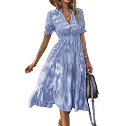 B.X A-Linien-Kleid Damen Midi-Kleider Sommer mit Rüschen und Puffärmeln V-Ausschnitt Lässig locker kurzärmelig Rüschen hohe Taille Striped Beach Dress