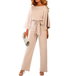 B.X Loungehose Damen Jumpsuit Slim-Hosen Komforthosen Gerade Hosen Bundfaltenhosen O-Ausschnitt stilvoll einfarbig lange Ärmel Romper Hosenanzug Gürtel