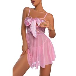 B.X Babydollkleid Sexy Pyjama mit Schnürschleife aus durchsichtiger Spitze Damen Sexy-Pyjama mit V-Ausschnitt transparentes Kleid