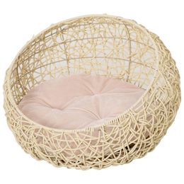 PawHut Katzenbett aus Rattan mit Kissen Katzenhöhle Hundehütte Beige Ø56 x 35 cm