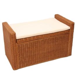 MCW Aufbewahrungstruhe Genua, Truhe Sitzbank Garderobenbank, Kissen Kubu Rattan 88cm ~ honigfarben