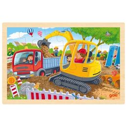 goki Rahmenpuzzle Einlegepuzzle Bagger, 24 Puzzleteile, große kindgerechte Holzpuzzleteile
