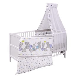 jonka Babybett Mona - Weiß - Kuschelbären - Weiß, Set inkl. Bettwäsche, Himmel & Matratze 70x140 cm mit Schlupfsprossen