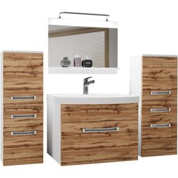 Badezimmer Badmöbel Set Vollausstattung mit Waschbecken Unterschrank Waschtisch Spiegel Lampe Möbel Wotan Eiche Matt - Belini