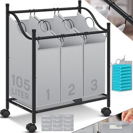 Kesser Wäschekorb Wäschesammler Wäschesortierer mit abnehmbaren Stofftaschen Wäschebox mit 12 Waschhinweisen 360° Rollen mit Bremse Wäsche-Sortiersystem