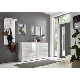 Garderoben-Set 4 Marbella inkl. Spiegel, Wandpaneel mit hochwertigen Metallhaken, Fronten in Hochglanz weiß - Weiß - Bmg Möbel