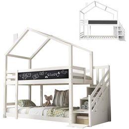 Kinderbett Rausfallschutz Bett, Hochbett Hausbett mit 3x Schubkästen und Treppe, Etagenbett 2 Kinder, Weiß 97 x 245 x 222 cm Hengmei