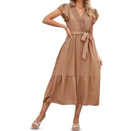 FIDDY Blusenkleid Kleider Damen Kleid mit Schlitz V Ausschnitt Langarm