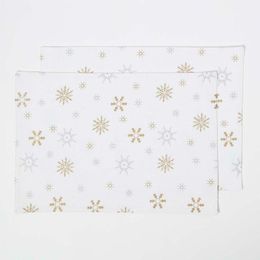 Tischset aus 100% Baumwolle, 2er-Set, weiß mit Schneeflocken-Muster - Weiß - Homescapes