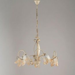 Kronleuchter aus Eisen Elfenbein Gold fünf Lichter Lampenschirme aus weißem Bernsteinglas 64x h45 cm