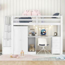 Kinder-Etagenbett, 90 x 200 cm, mit Kleiderschrank, Treppe, Schreibtisch und Schubladen, weiß