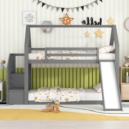 Etagenbett für Kinder mit Stauraumtreppe und Rutsche, 90x200 cm, grau