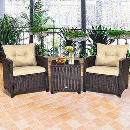 3er Set Sitzgruppe, Rattan Gartenmoebel aus 1 Tisch & 2 Stühlen, Lounge Set mit Sitzkissen, Tischplatte aus Glas, für Balkon Garten - Goplus