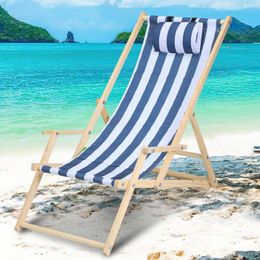 Liegestuhl Schwingliege Klappbar Strandliege Balkonsonnenliege Liege Stuhl Holz Blau weiß Mit Handläufen - Blau - Swanew