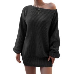 Opspring Strickkleid Damen Schulterfrei Pullover Kleid Langarm One Shoulder Strick Pulli