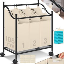 Kesser Wäschekorb Wäschesammler Wäschesortierer mit abnehmbaren Stofftaschen Wäschebox mit 12 Waschhinweisen 360° Rollen mit Bremse Wäsche-Sortiersystem