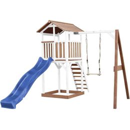 AXI - Beach Tower Spielturm aus Holz in Braun & Weiß Spielhaus für Kinder mit blauer Rutsche, Schaukel und Sandkasten Stelzenhaus für den Garten