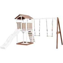 AXI Beach Tower Spielturm aus Holz in Braun & Weiß Spielhaus für Kinder mit weißer Rutsche, Doppelschaukel und Sandkasten Stelzenhaus für den Garten