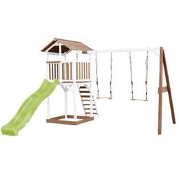 AXI - Beach Tower Spielturm aus Holz in Braun & Weiß Spielhaus für Kinder mit hellgrüner Rutsche, Doppelschaukel und Sandkasten Stelzenhaus für den