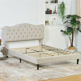 Doppelbett (140 x 190 cm) mit gepolstertem Kopfteil aus beigem Stoff, Lattenrost aus Pappelholz, (Matratze nicht im Lieferumfang enthalten) - Beige