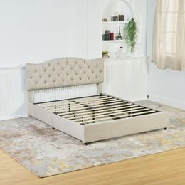 2-Sitzer-Bett mit Stauraum (140 x 190 cm) mit gepolstertem Kopfteil aus beigem Stoff mit 4 Schubladen (Matratze nicht im Lieferumfang enthalten)