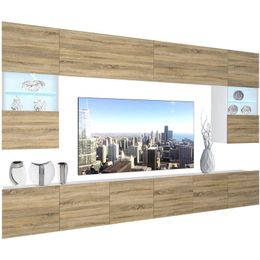 Wohnwand Vollausstattung Wohnzimmer-Set Moderne Schrankwand mit LED-Beleuchtung Anbauwand TV-Schrank Sonoma Eiche - Belini