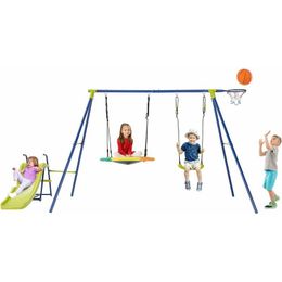 4-in-1 Kinderschaukel Set, Metall-Schaukel-Set mit Rutsche Basketballkorb, Verstellbarer Nestschaukel & Gurt-Schaukel, Outdoor-Kinder-Schaukel-Set