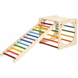 Activity Cube / Holzwürfel aus Holz mit Leiter Regenbogenfarben Indoor Klettergerüst für Kinder Montessori Spielzeug - Braun - Katehaa