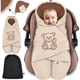 Kidiz Baby Einschlagdecke Winter mit Kapuze +Tasche Babyeinschlagdecke Universal für Babyschale Autositz z.B. für Maxi-Cosi Römer für Buggy Babybett Beige