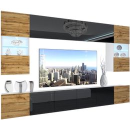 Wohnwand Vollausstattung Wohnzimmer-Set Moderne Schrankwand mit LED-Beleuchtung Anbauwand TV-Schrank Wotan Eiche/Schwarz - Belini