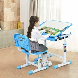 Goplus - Kindertisch mit Stuhl, Kinderschreibtisch Hoehenverstellbar, Schülerschreibtisch Kindermoebel Neigungsverstellbar, Schreibtisch Kinder, Blau