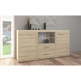 Sideboard rivay mit led 2 Schubladen Glasvitrine 2F2S B156cm Eiche Sonoma - Furnix