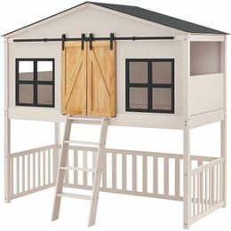 Kinderbett Farmhaus 90 x 200 cm mit Treppe, Dach & Fenster – Hochbett rosa für Kinder – Lattenrost bis 150 kg – Hausbett aus Massivholz - Juskys