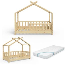 Kinderbett Design" 140x70cm Natur mit Matratze und Rausfallschutz Vitalispa